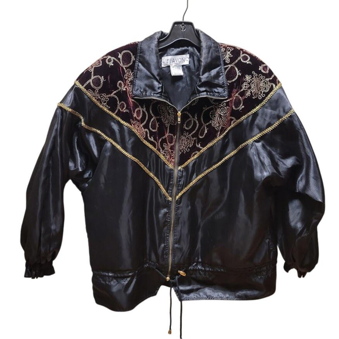 Vintage LAVON Windbreaker Jacket Women LARGE Velour Embroidered Gold ...