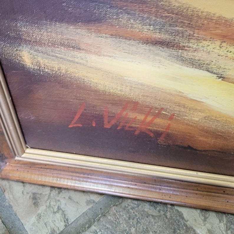 L. VICKI Oil MCM Painting Large Landscape Oranges Yellow Large Wood ...