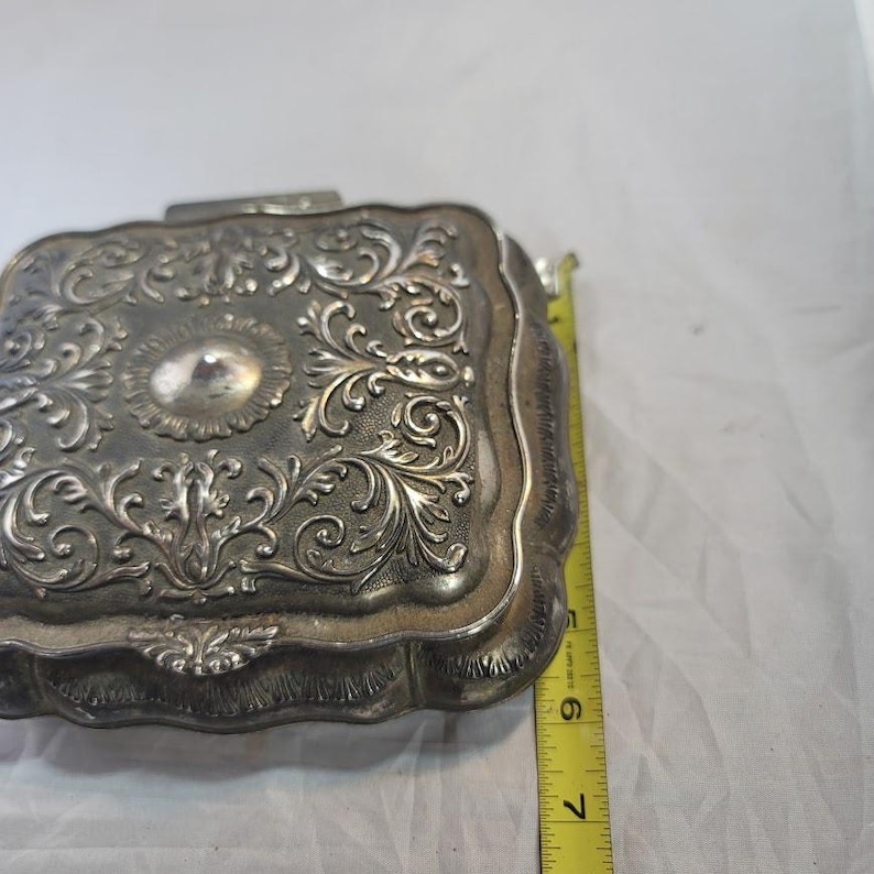 LARGE Silver Plated Elaborate Scroll Work Red Velvet Lined Jewelry Box ...