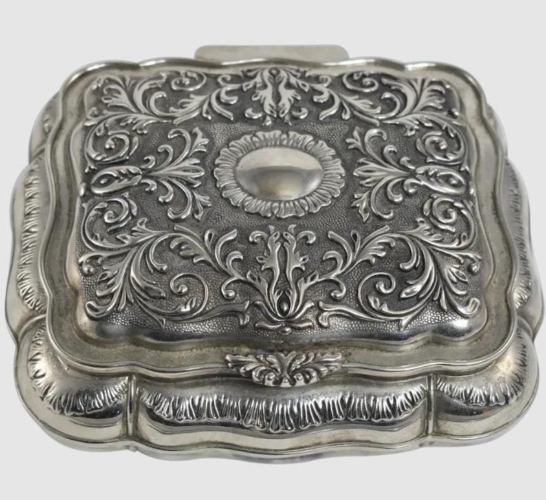 LARGE Silver Plated Elaborate Scroll Work Red Velvet Lined Jewelry Box ...