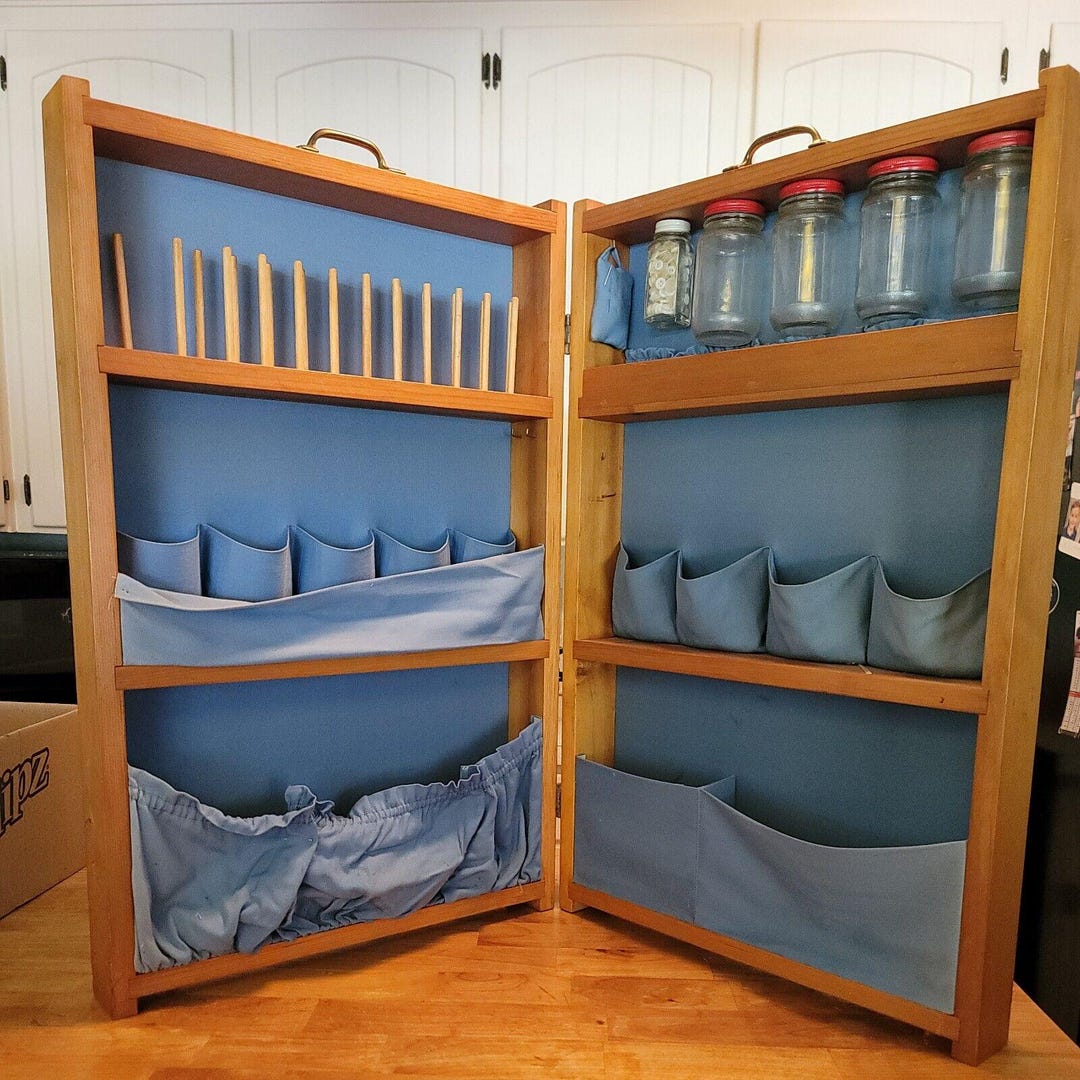 Vintage Portable Wood Folding Sewing Spool Bobbin Thread Cabinet Case ...