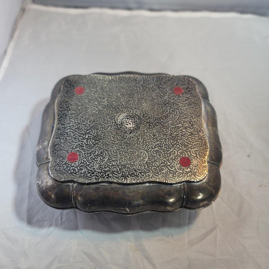 LARGE Silver Plated Elaborate Scroll Work Red Velvet Lined Jewelry Box ...