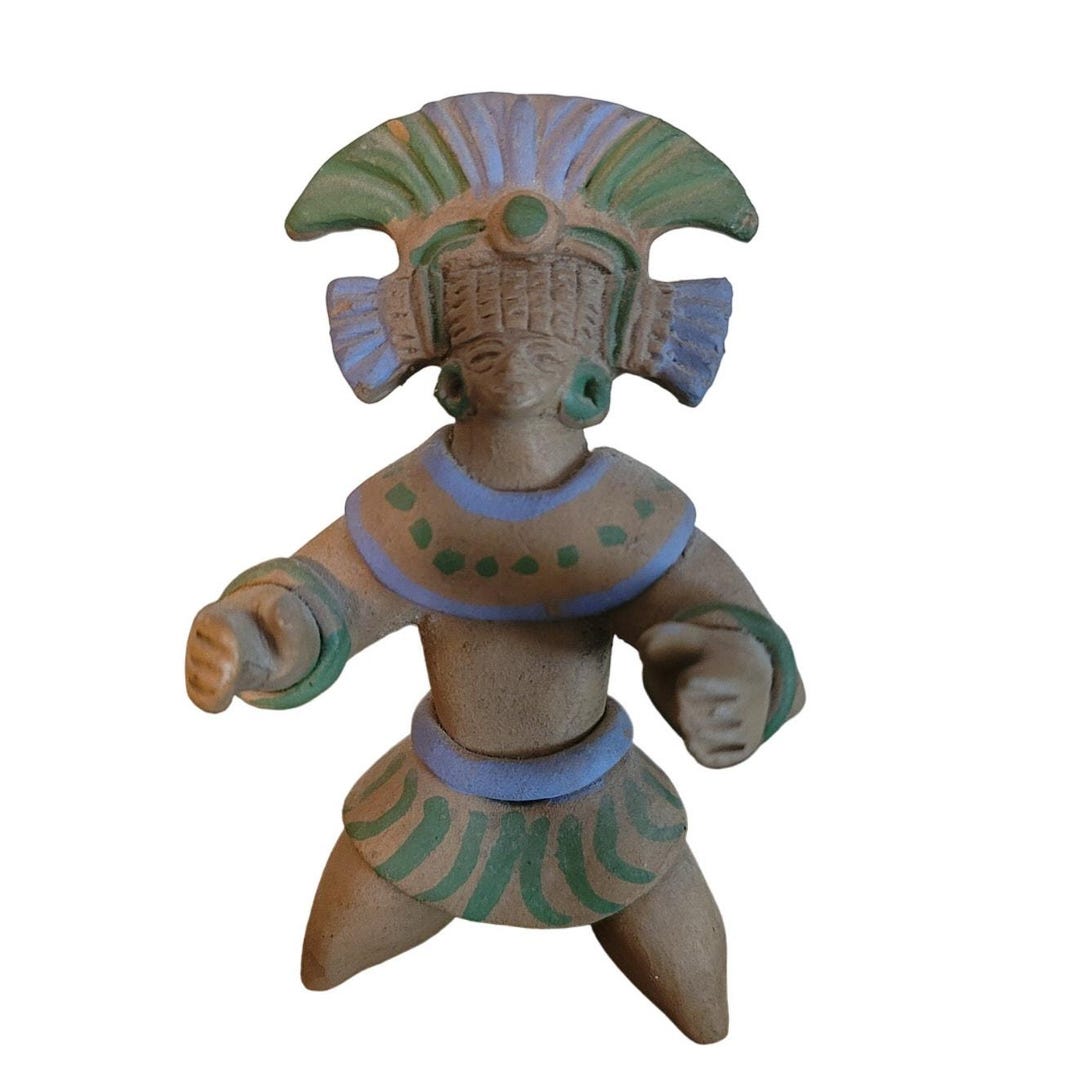 Handmade VINTAGE Inca Clay Mayan Warrior Figurine Mexico With Headdress ...