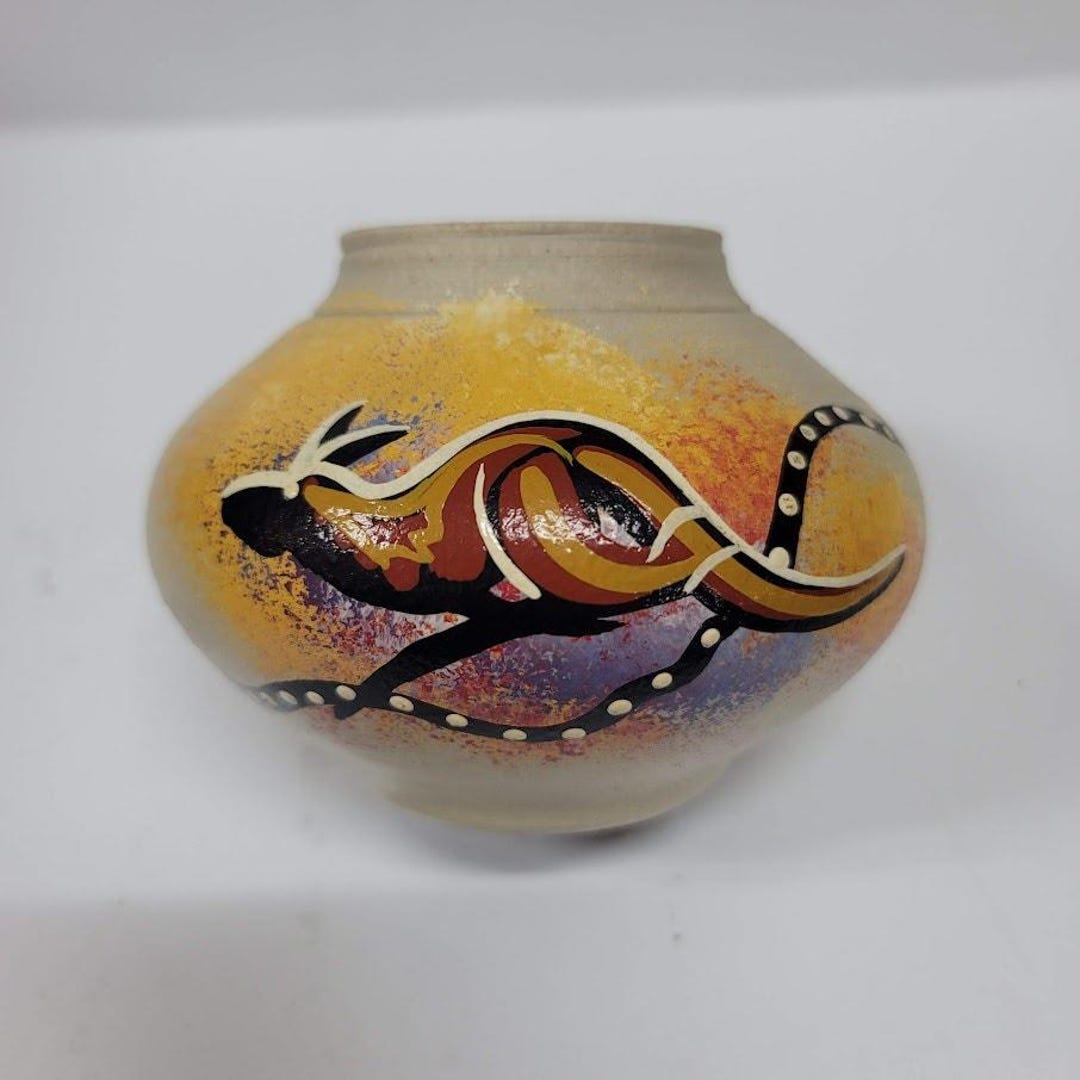 Australia Aboriginal Art Pottery Vase, Kangaroo Signed LB Small Mini ...