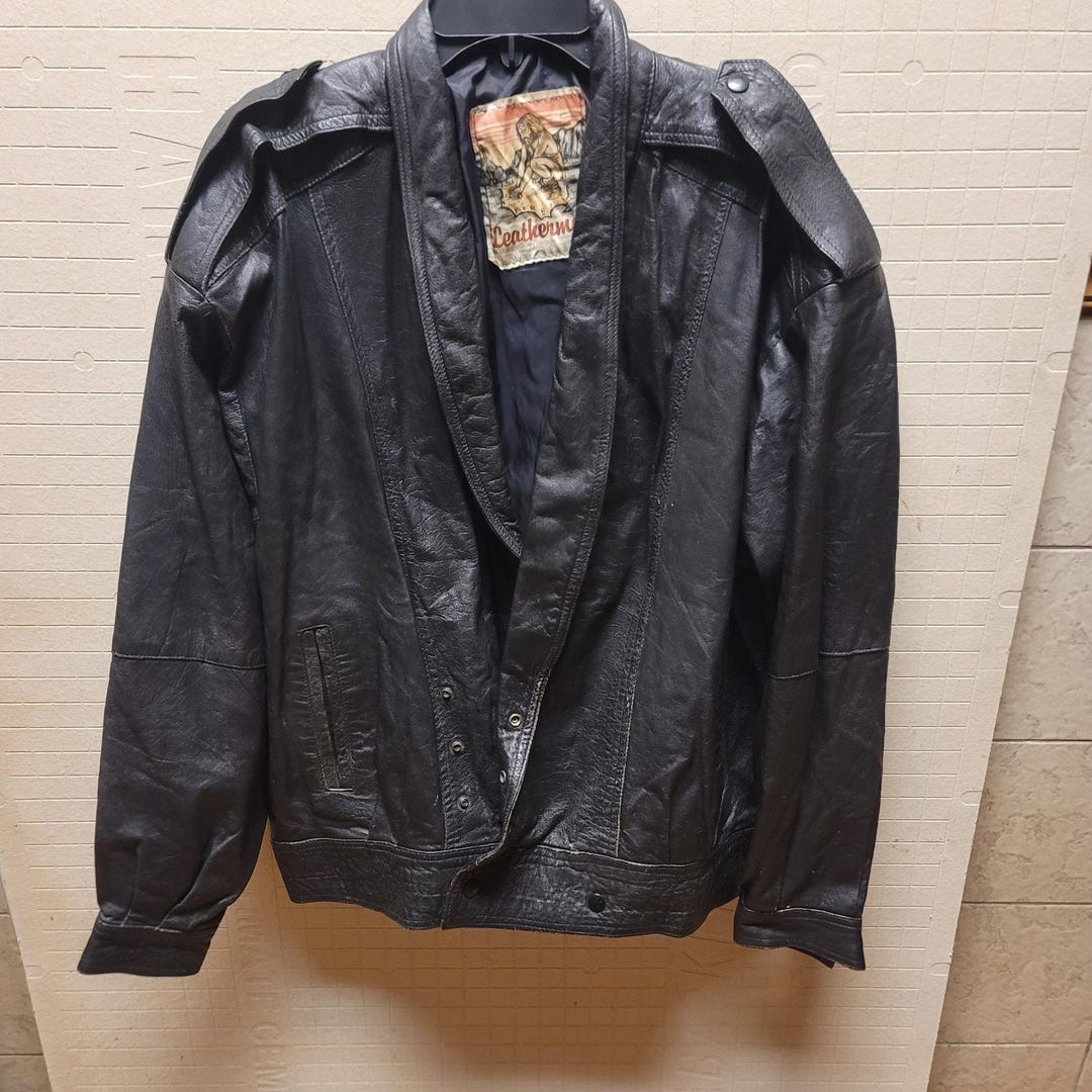 Leatherman Vintage 1980s Black Leather Jacket Wing Sleeve Snaps Pockets ...