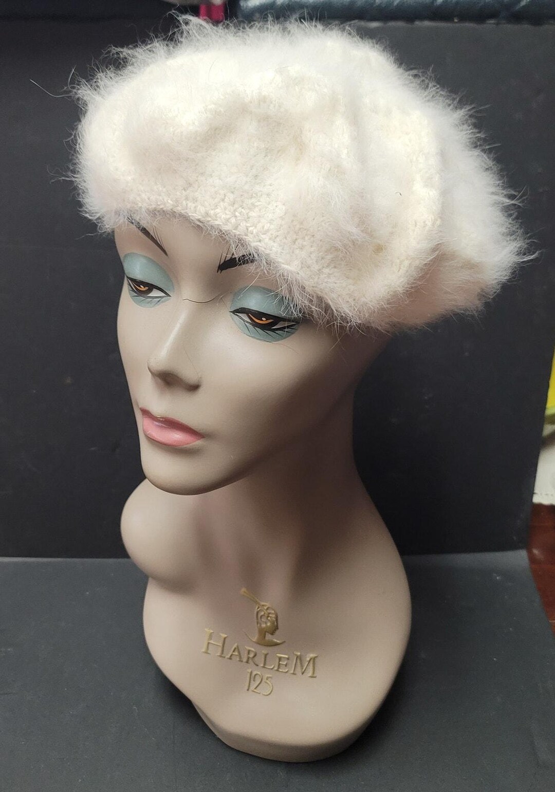 VINTAGE Angora Beret Fluffy Cream Hat Floral Detail on Top Luxurious ...