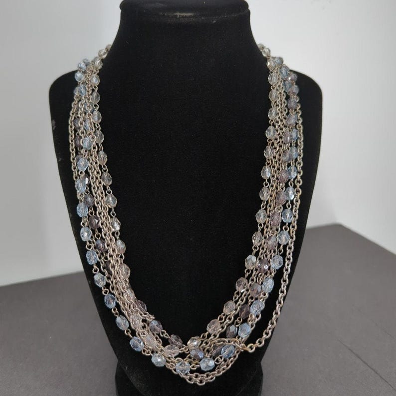 LOFT Silver Multi Strand Necklace Blue Beaded Layered Chain Waterfall ...