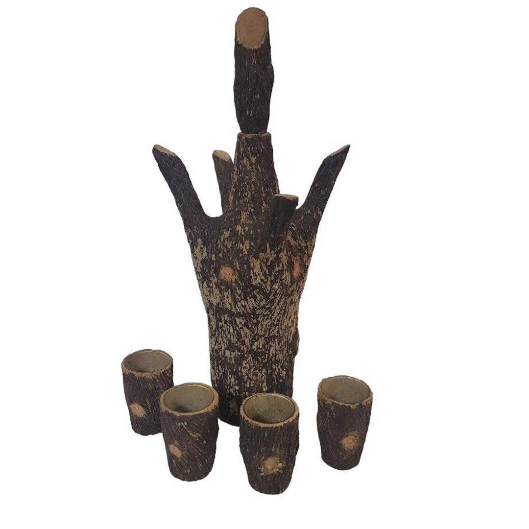 Vintage Rustic Primitive Folk Art Bois Bottle Bark Wood Decanter W ...