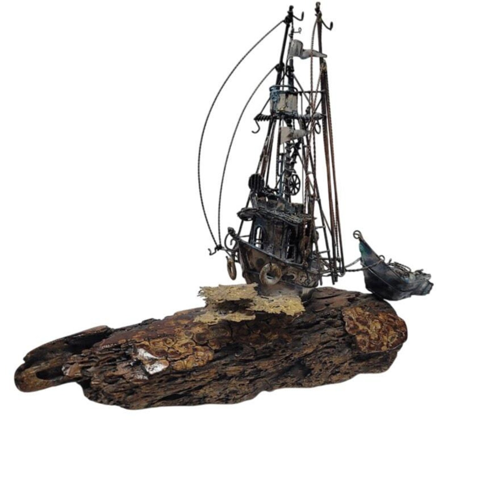 Large VINTAGE Copper Bronzed Ship Brig Dingy Mounted on Varnished 15" X ...