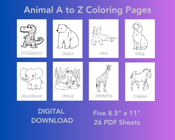 26 Printable Kids Animal A to Z Coloring Pages - Etsy
