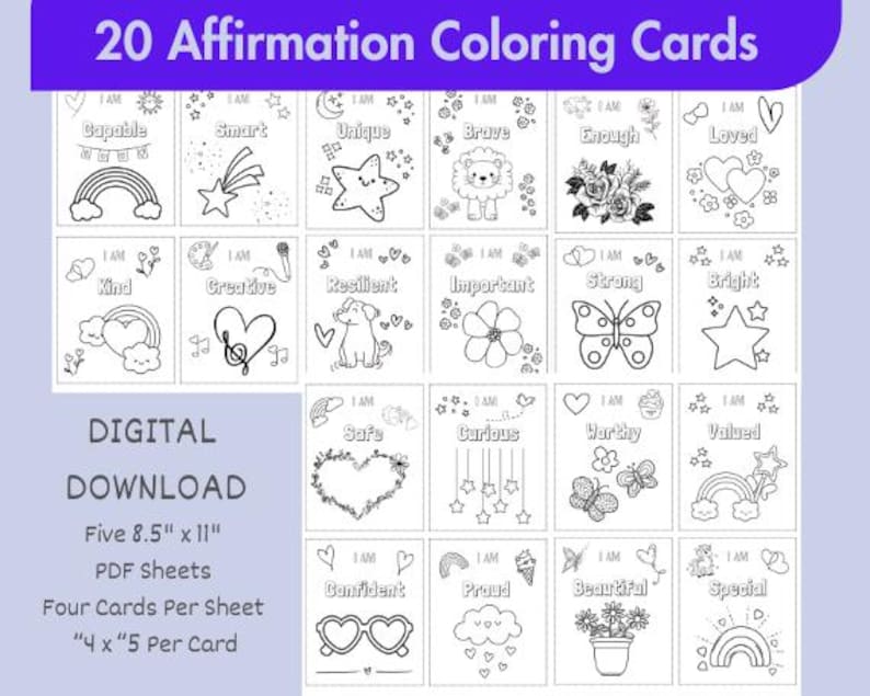 Set of 20 Printable Kids Affirmation Coloring Cards - Etsy