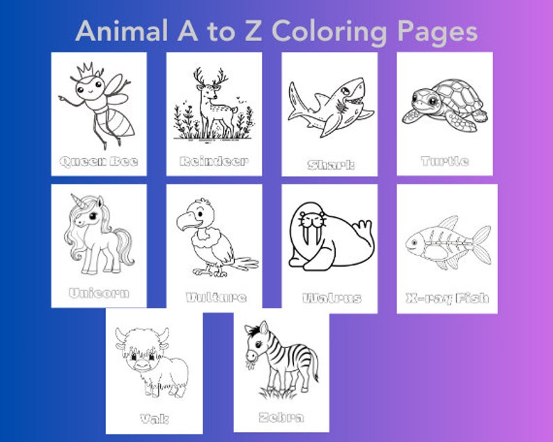 26 Printable Kids Animal A to Z Coloring Pages - Etsy