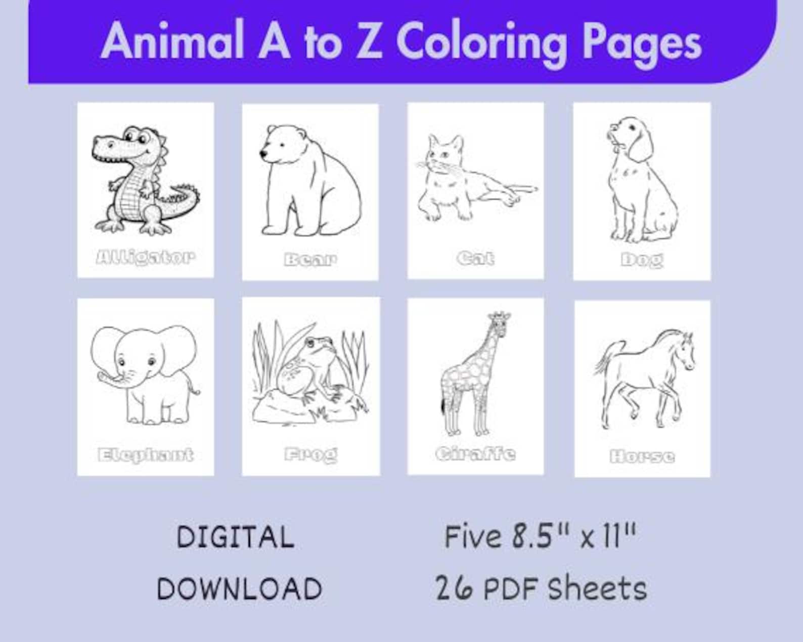 26 Printable Kids Animal A to Z Coloring Pages - Etsy