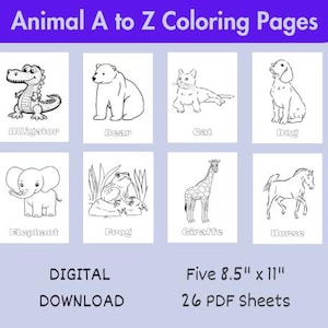26 Printable Kids Animal A to Z Coloring Pages - Etsy
