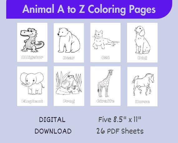 26 Printable Kids Animal A to Z Coloring Pages - Etsy