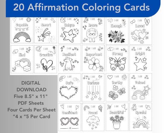 Set of 20 Printable Kids Affirmation Coloring Cards - Etsy