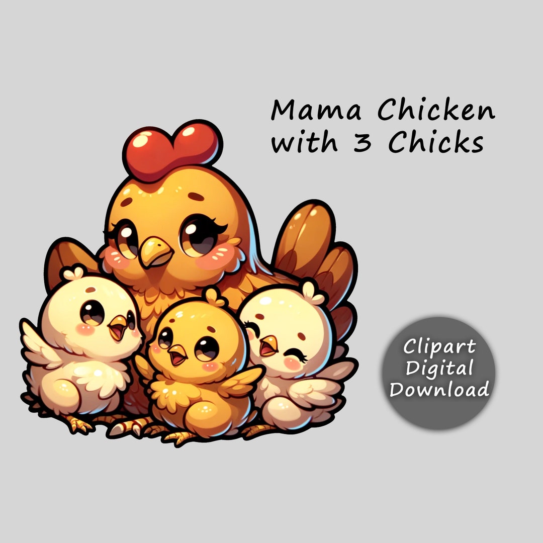 Mama Chicken With 3 Chicks, Clipart, Digital Art, Downloadable, Mother ...