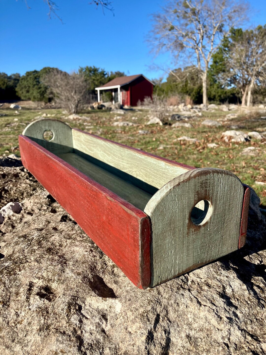 Hand Painted Red and Blue Wood Tray, Primitive, Rustic, Distressed ...