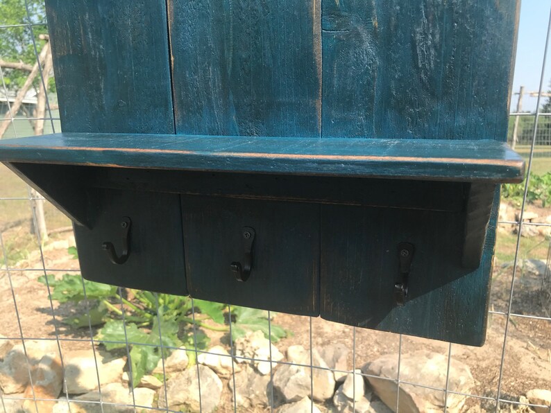 Distressed Blue Wood Shelf With Cast Iron Hooks: Rustic Wall Decor - Etsy