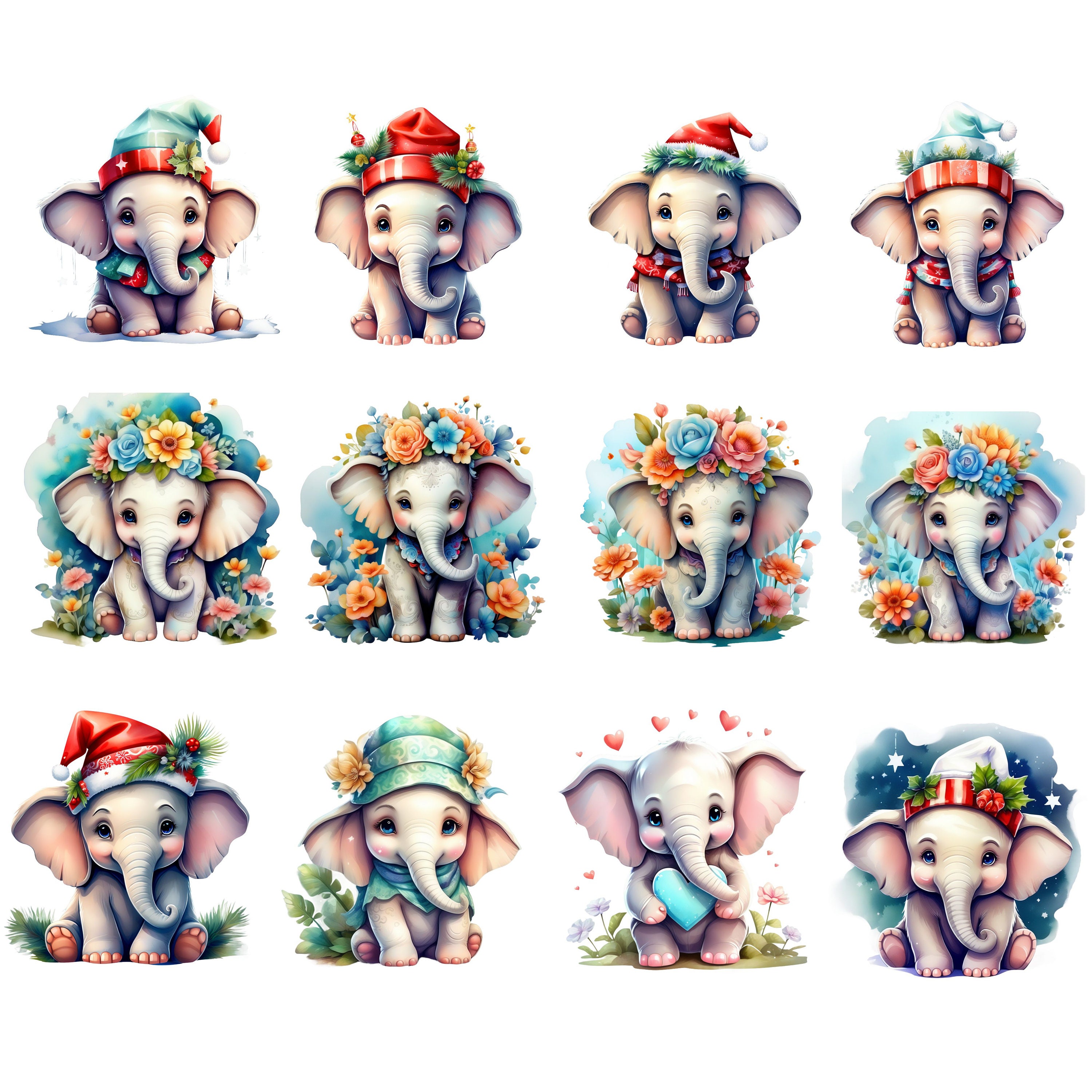 Watercolor Cute Elephant Clipart Bundle, Kawaii Elephant, Nursery ...