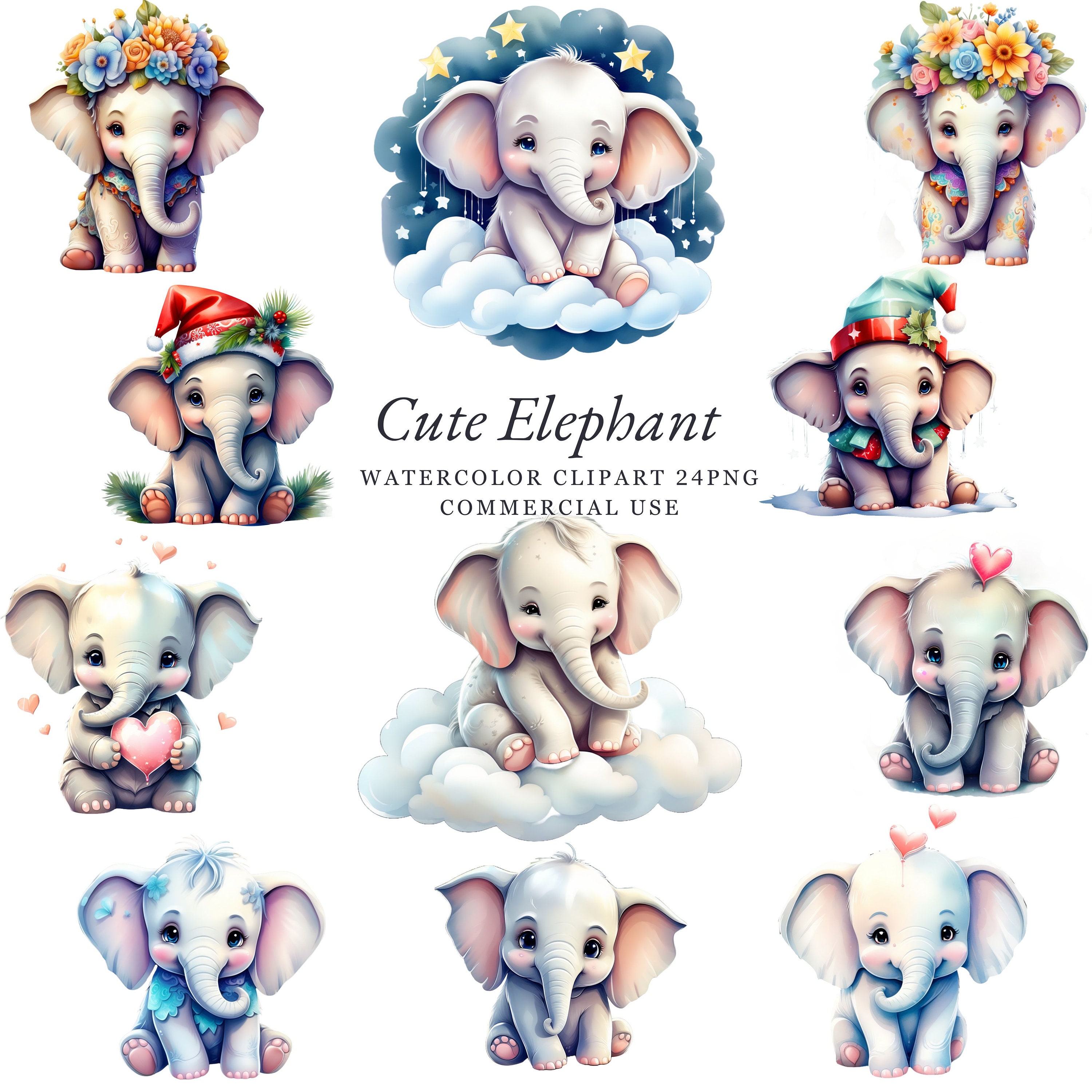 Watercolor Cute Elephant Clipart Bundle, Kawaii Elephant, Nursery ...