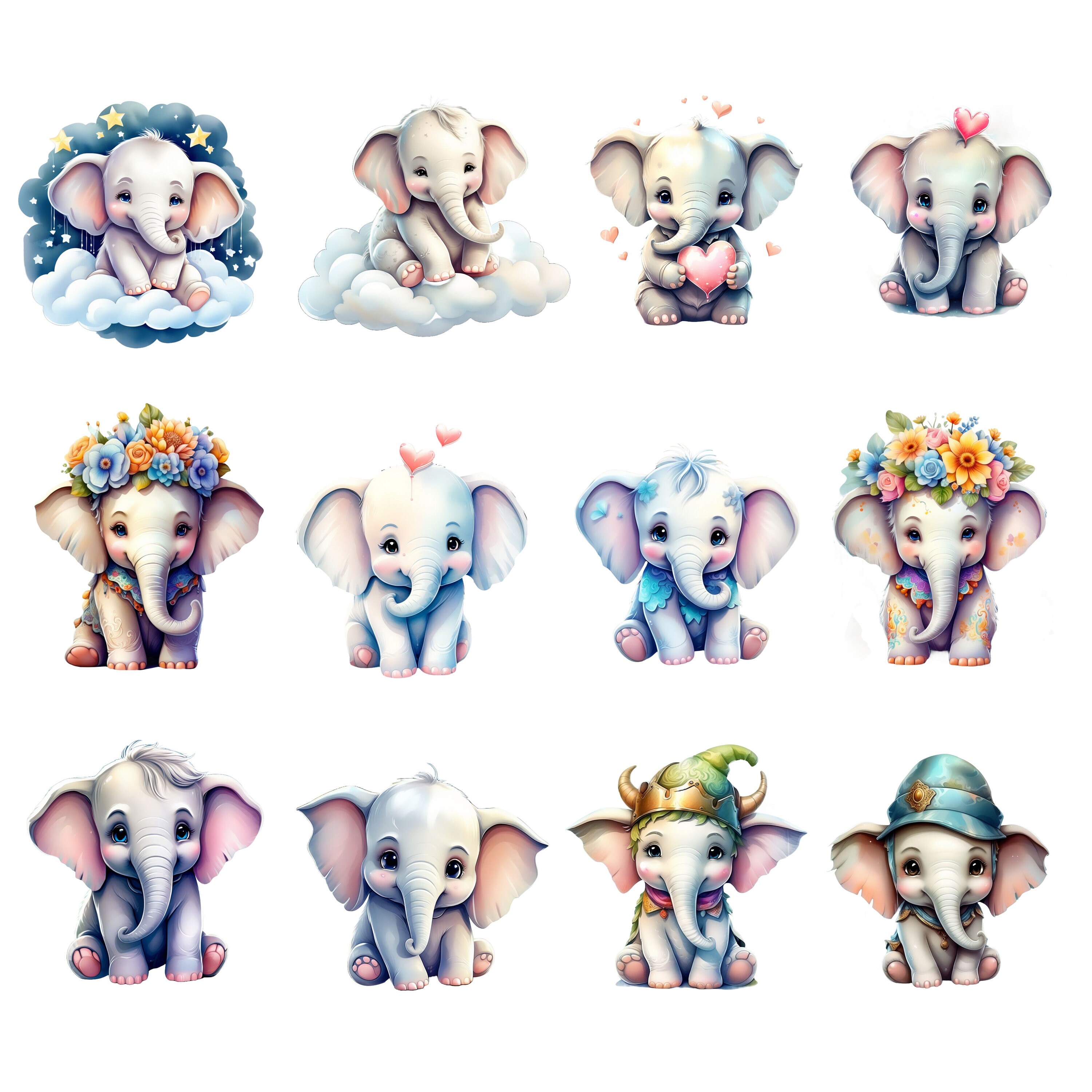 Watercolor Cute Elephant Clipart Bundle, Kawaii Elephant, Nursery ...