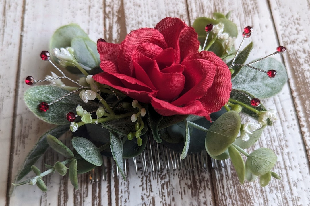 Ruby Red Hairpiece With Greenery - Etsy