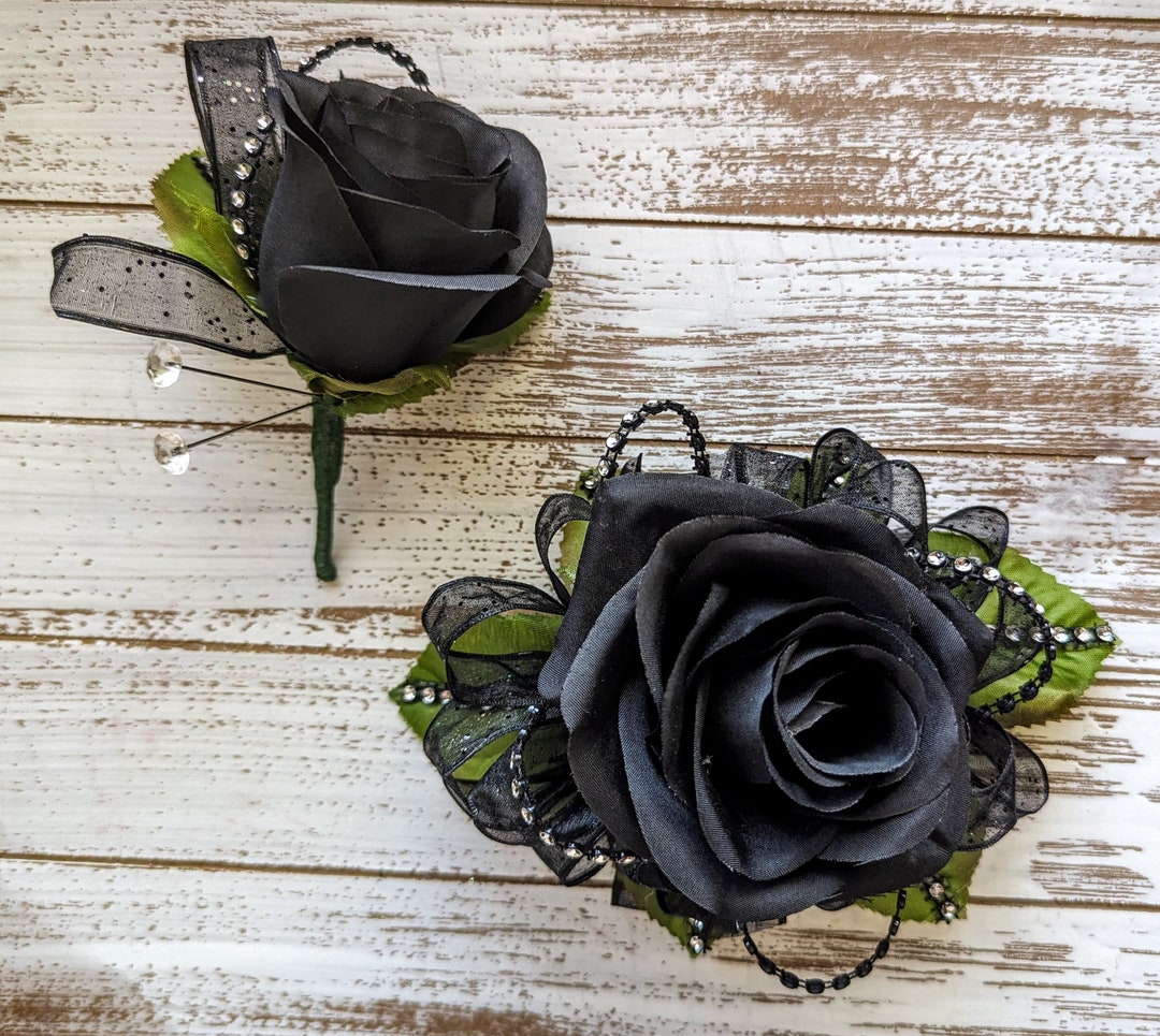 Black Rose & Bling Corsage With Boutonniere - Etsy