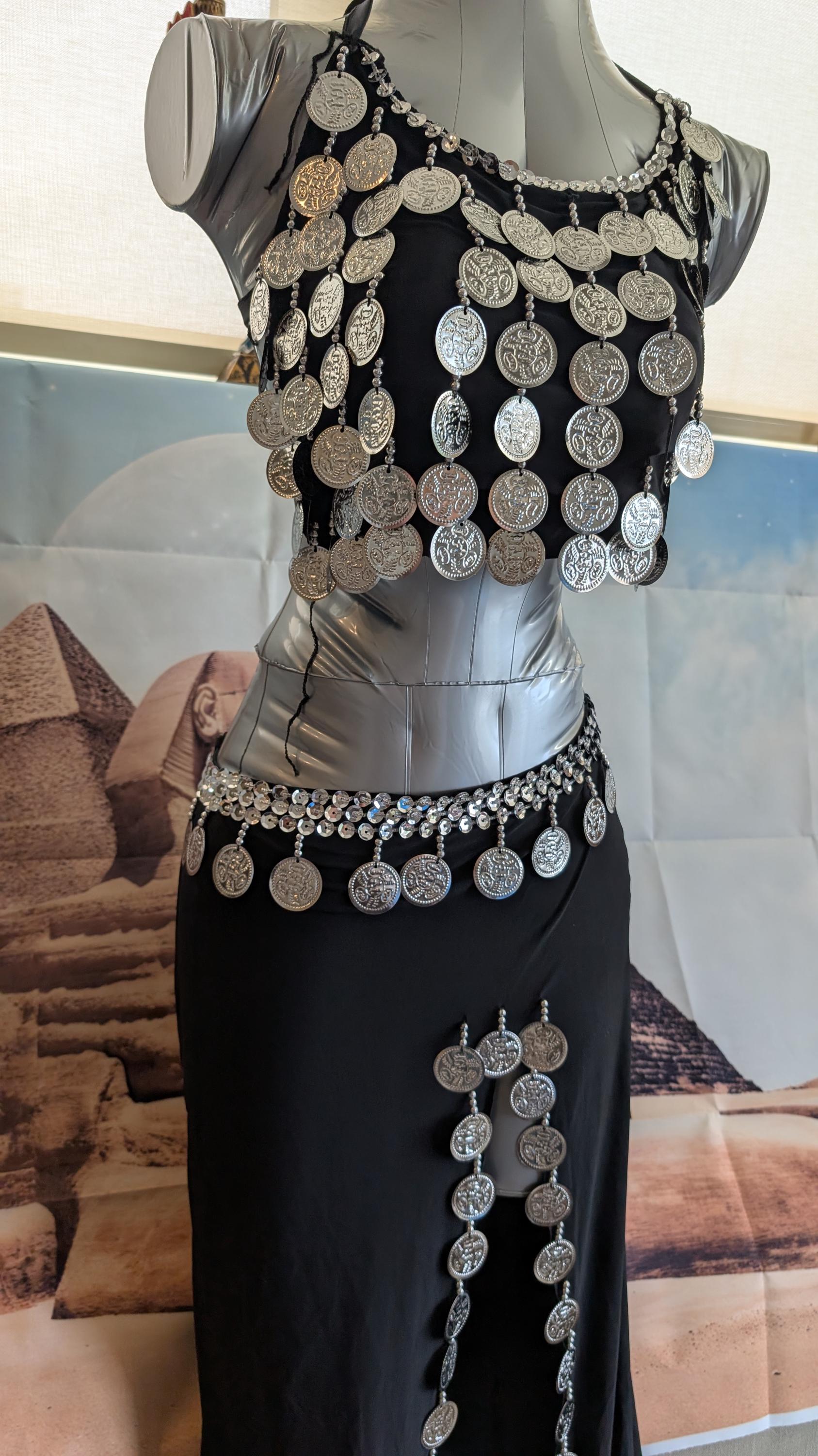 Silver Coin Belly Dance Costume: Black Egyptian Crop Top & Skirt - Etsy