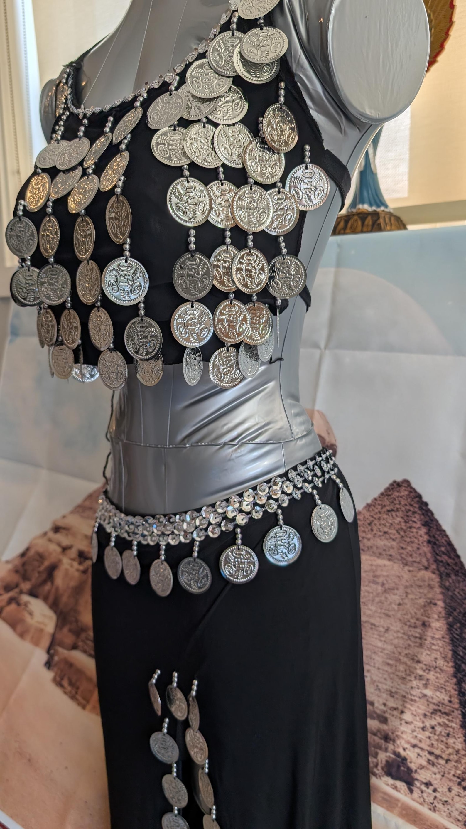 Silver Coin Belly Dance Costume: Black Egyptian Crop Top & Skirt - Etsy