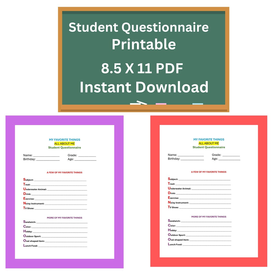 All About Me, My Favorite Things, Student Questionnaire Printable - Etsy