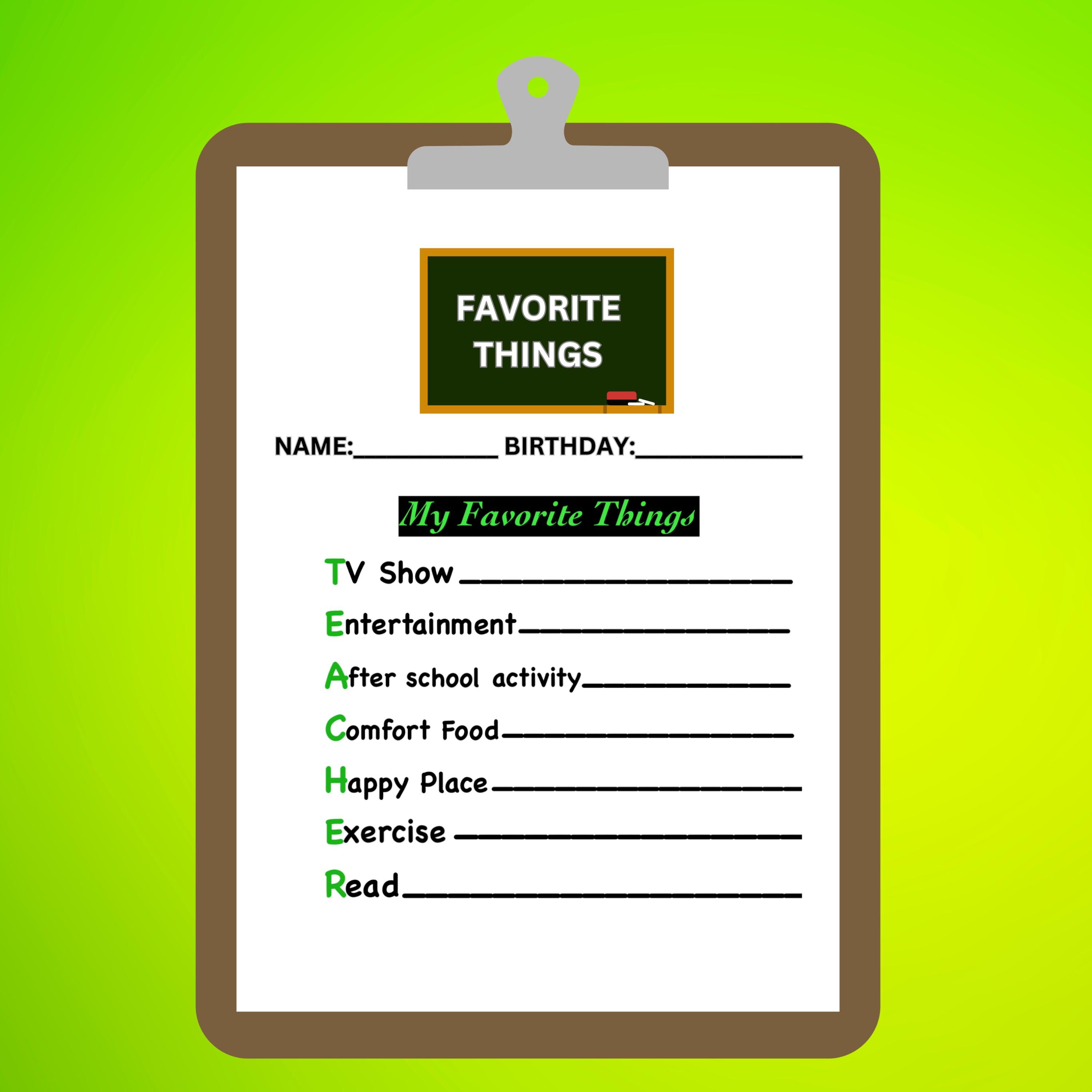 Teacher Favorite Things List: Printable Instant Download - Etsy