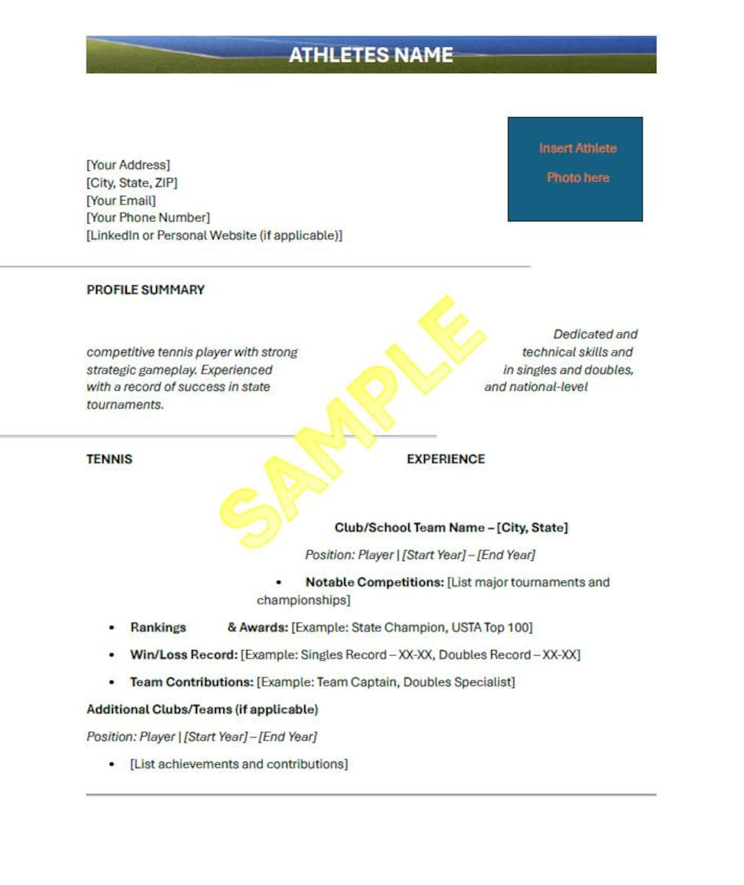 Tennis Resume Template - Etsy