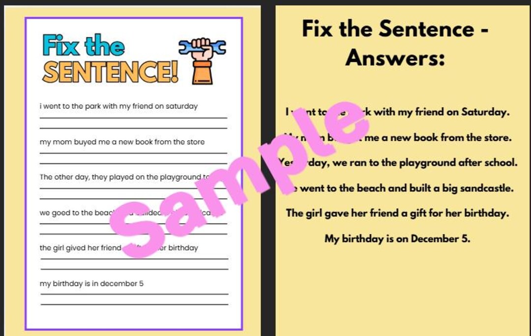 Grade 4 Educational Worksheets - Sentence Fixing - Etsy