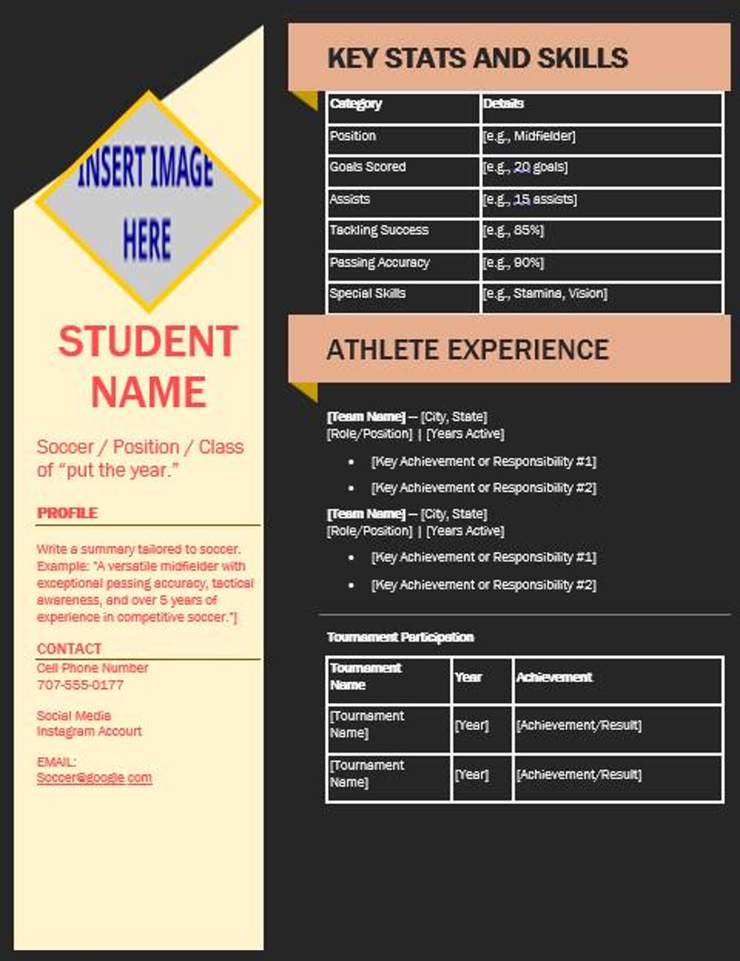 Soccer Resume Template – Stand Out to Coaches & Scouts! - Etsy