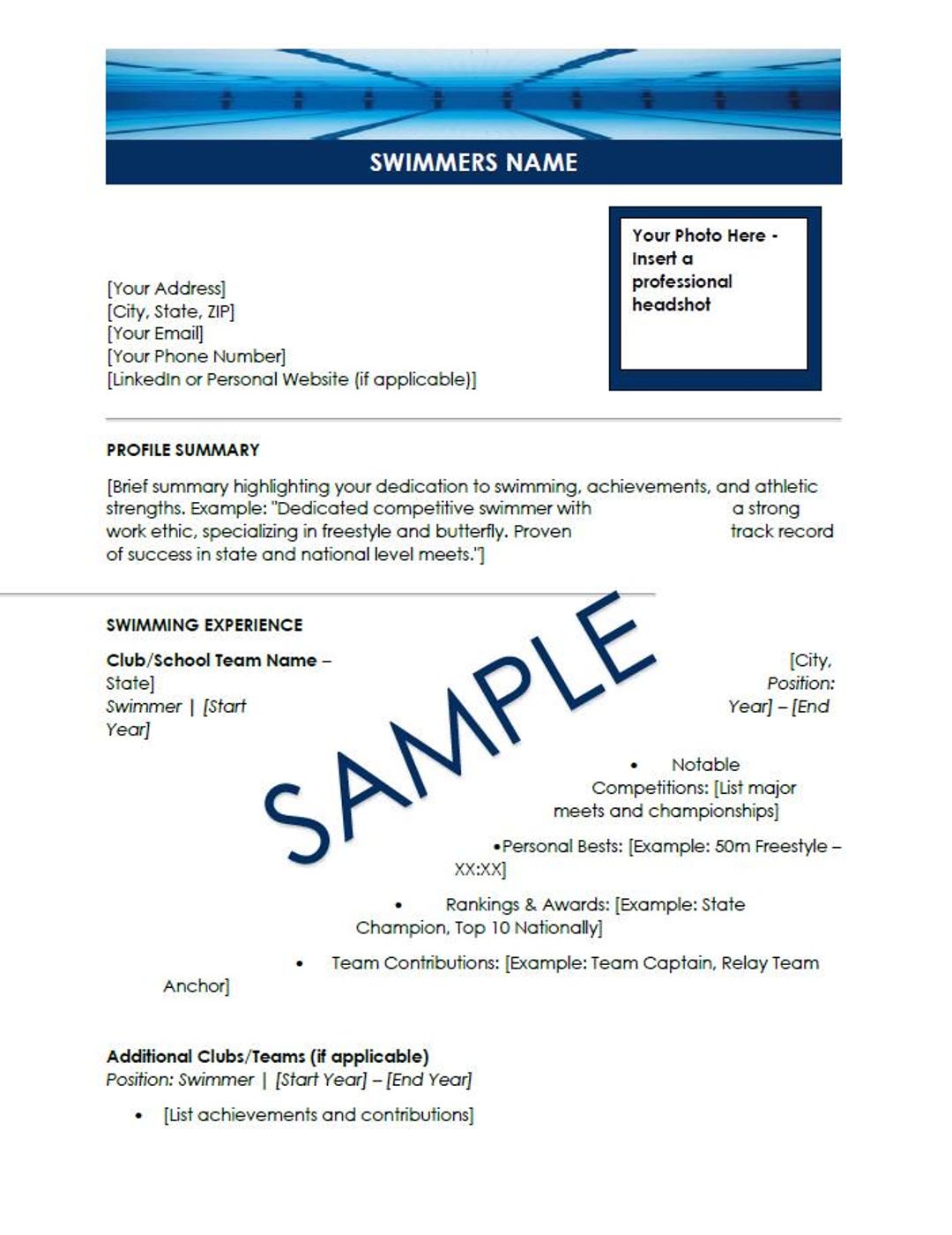 Swim or Dive Resume Template - Etsy