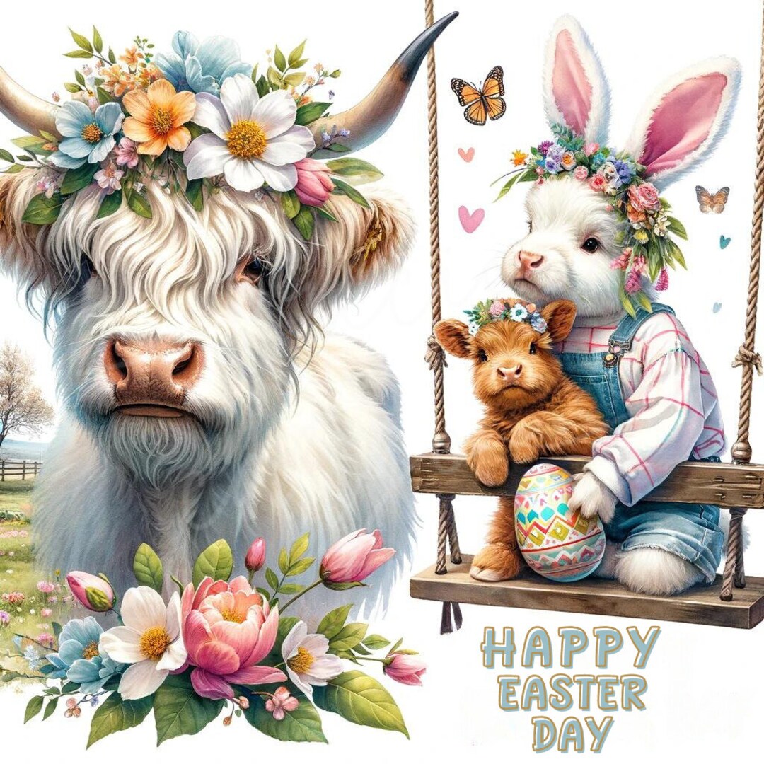 Easter Bunny Highland Cow & Calf PNG - Spring Flower Crown Clipart ...