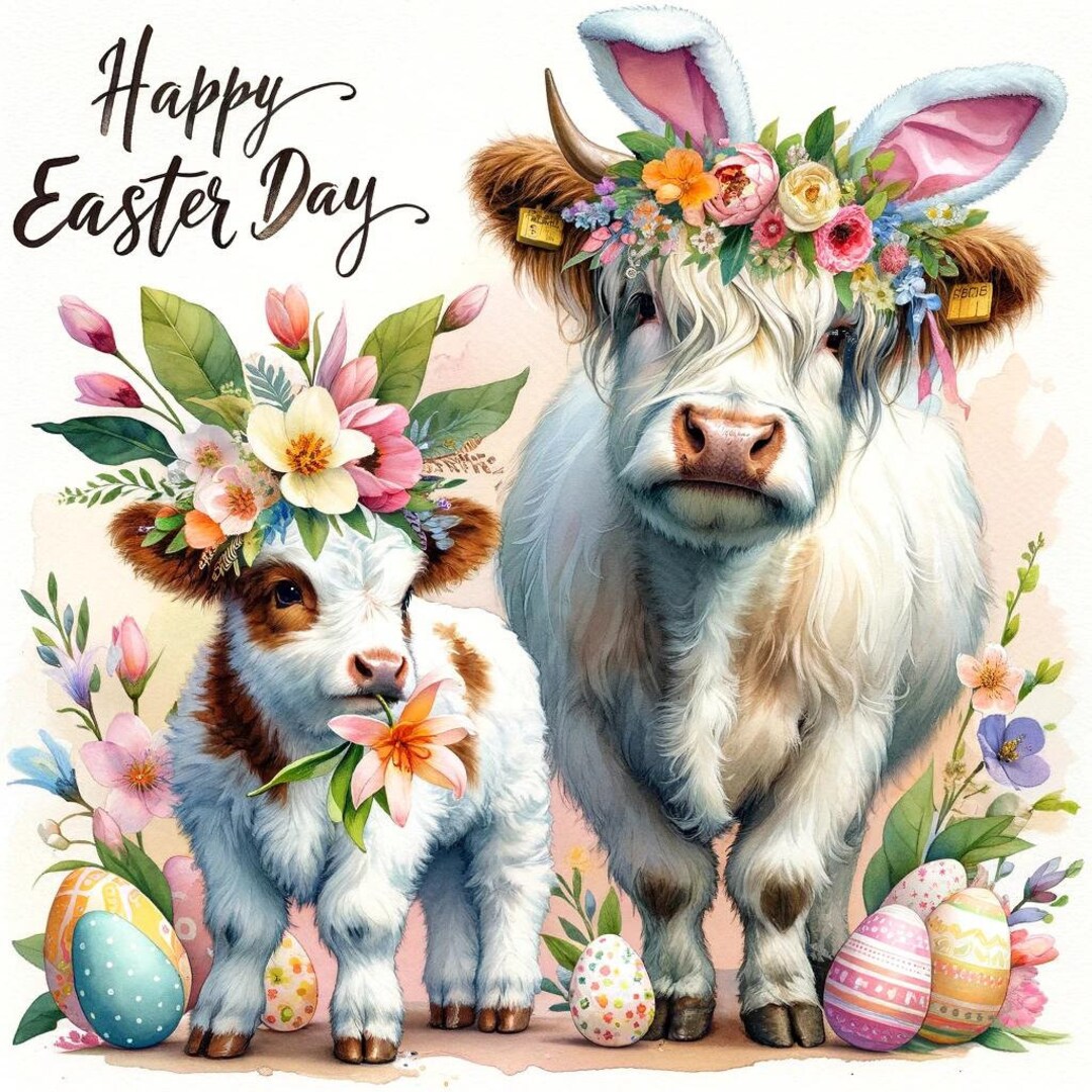 Happy Easter Cow & Calf PNG Spring Bunny Ears Highland Duo, Instant ...