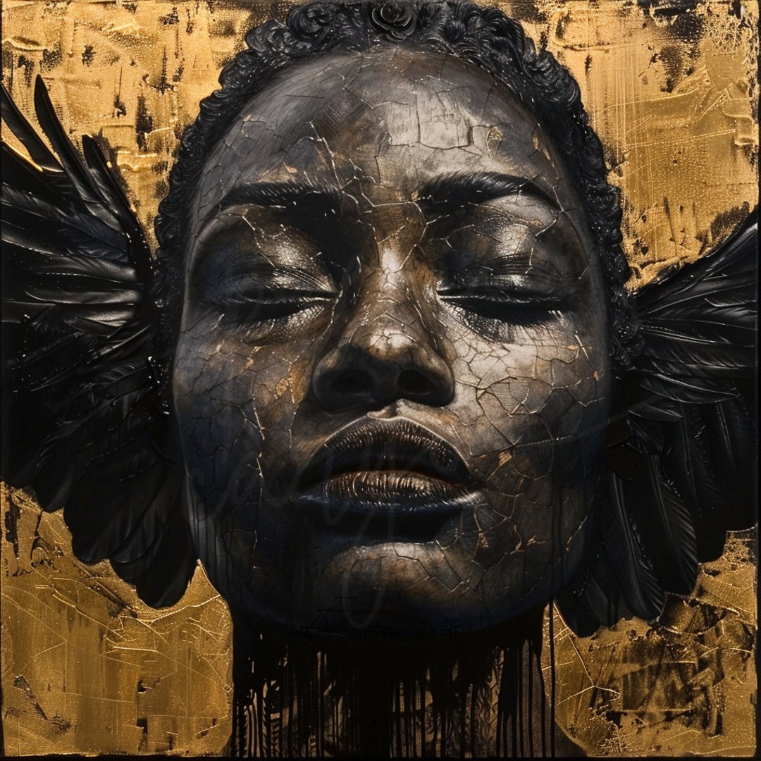 Majestic Angel Portrait Art - Textured Black Wings, Gold Leaf, Peaceful ...