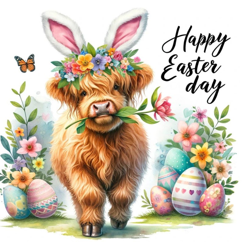 Easter Highland Cow With Bunny Ears - Springtime Floral Cow PNG ...