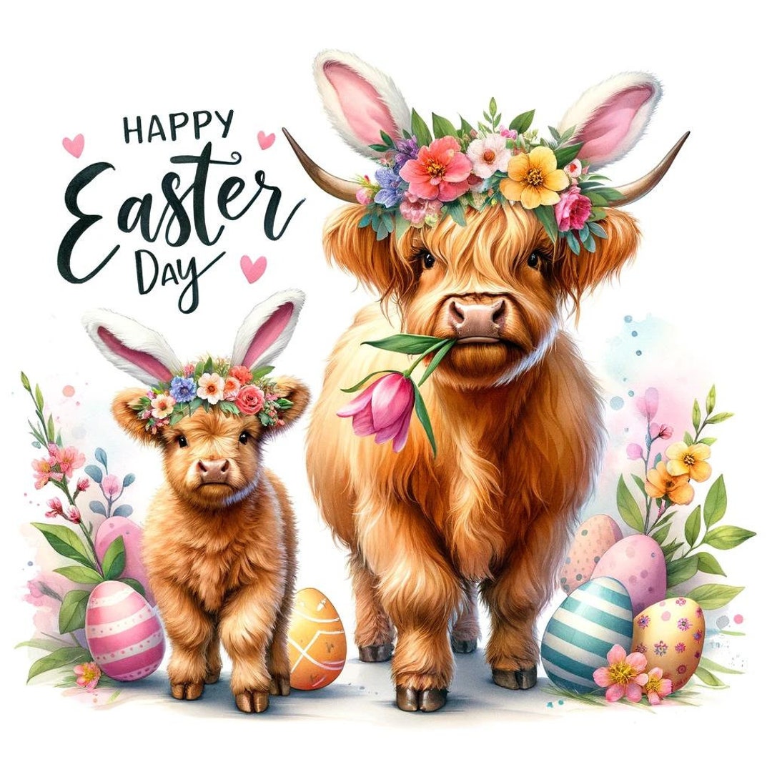 Highland Cow & Calf Easter Portrait - Bunny Ears With Spring Flowers ...