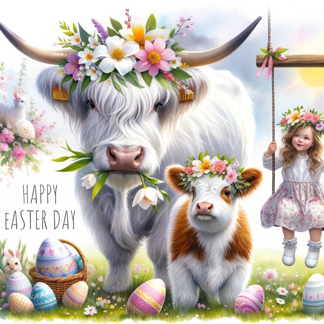 Happy Easter Day Highland Cow & Calf Art - Spring Floral Crown, Child and Animals, Festive ...