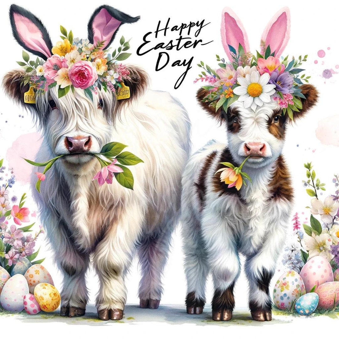 Spring Highland Cow & Calf Easter Art Floral Bunny Ears, Pastel Egg Decor, Happy Easter Day ...