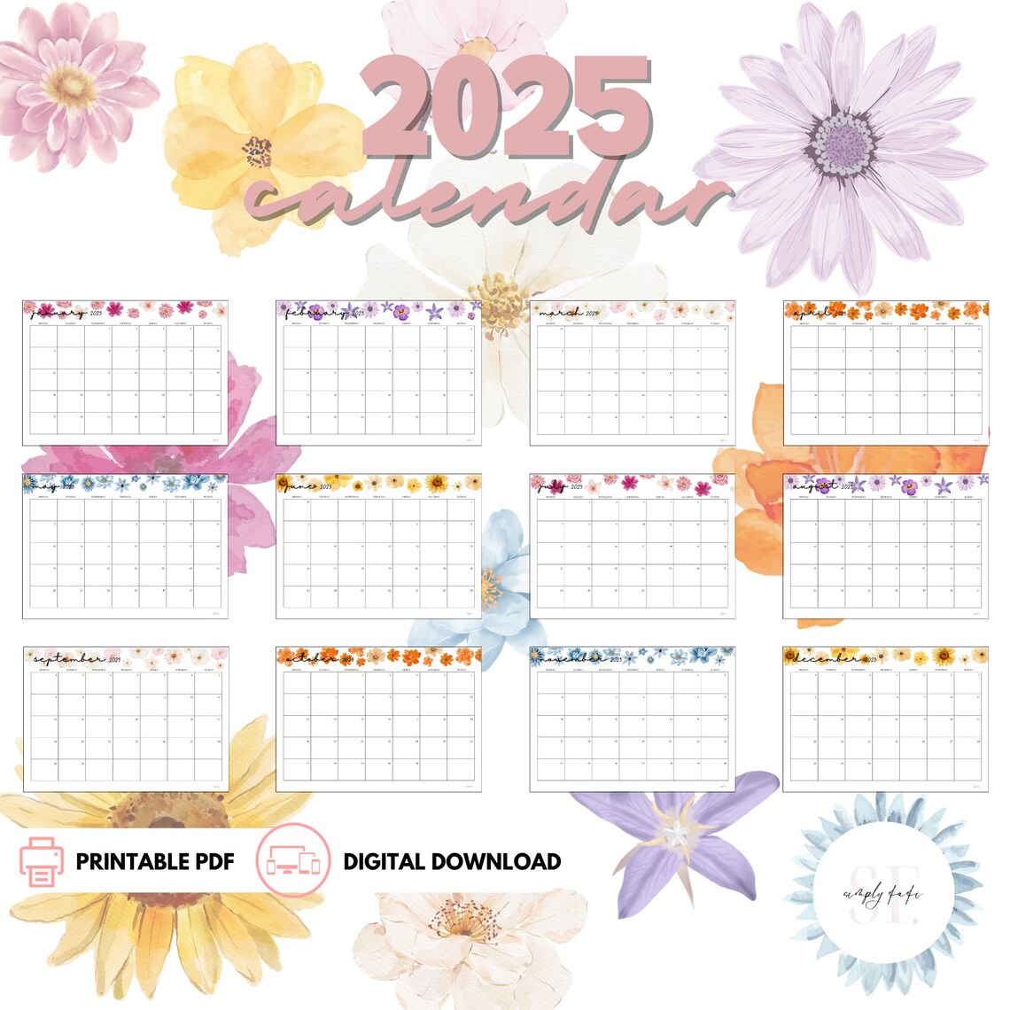 2025 Printable & Digital Floral Calendar | Elegant, Floral Design ...