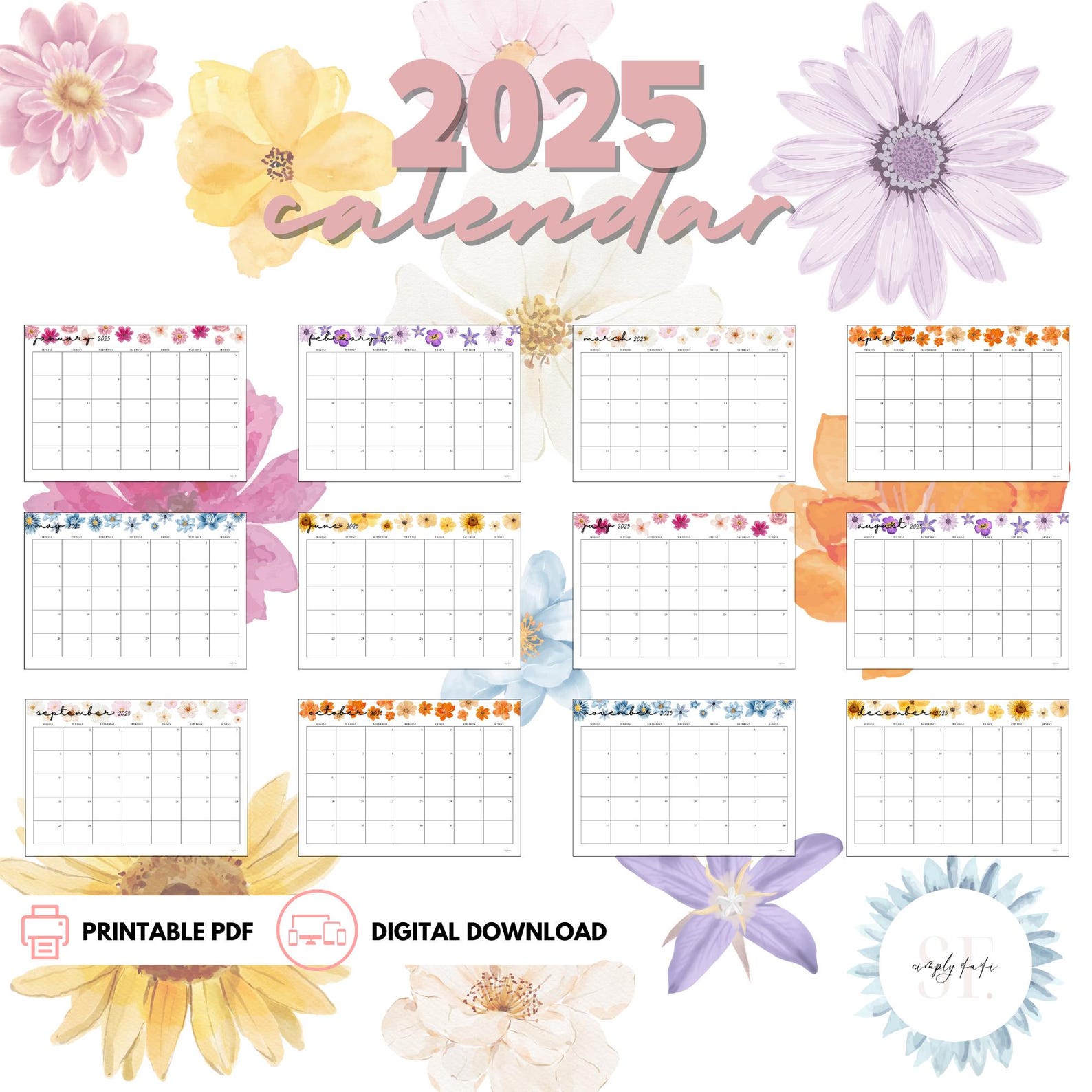 2025 Printable & Digital Floral Calendar | Elegant, Floral Design ...