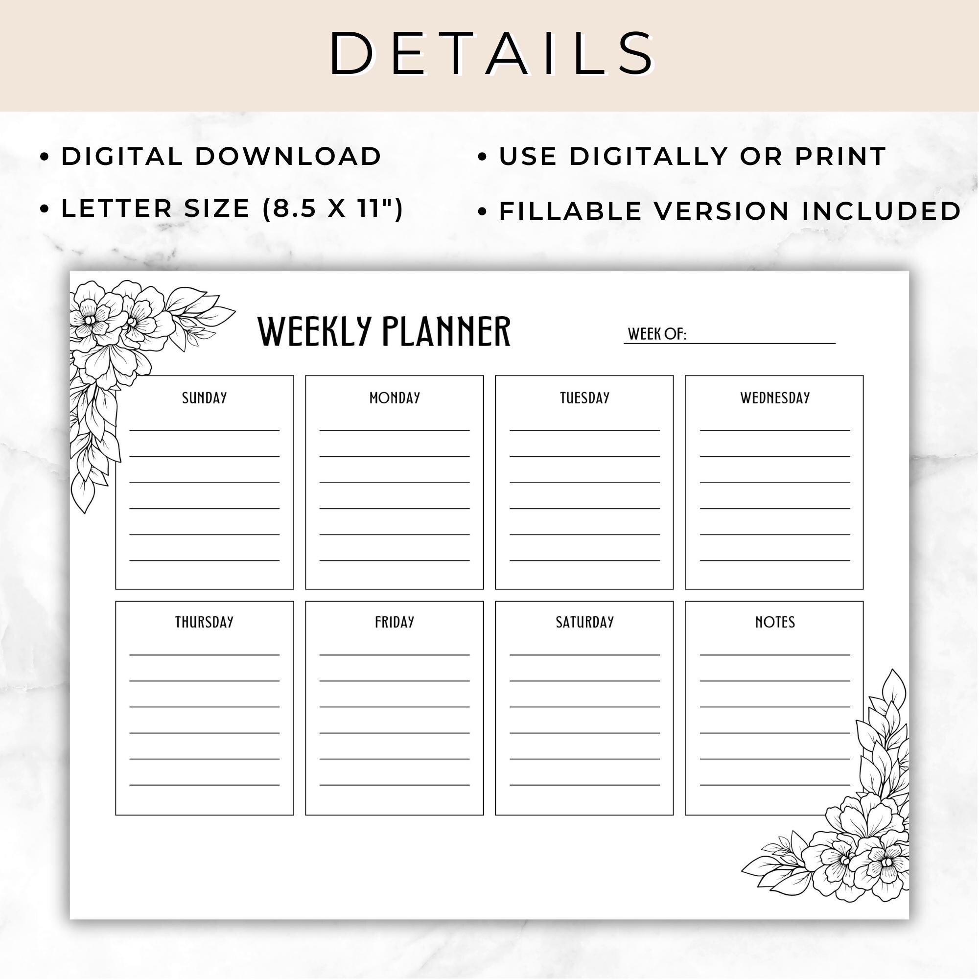 Weekly Planner Printable, Week at a Glance, Planner Pdf - Etsy