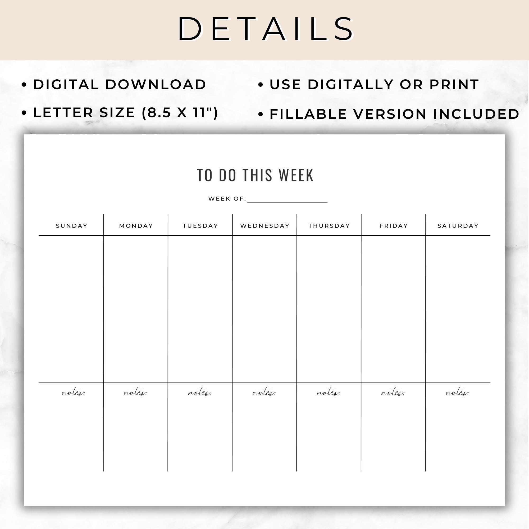 Weekly Planner Printable Landscape, Week at a Glance, Weekly Schedule ...