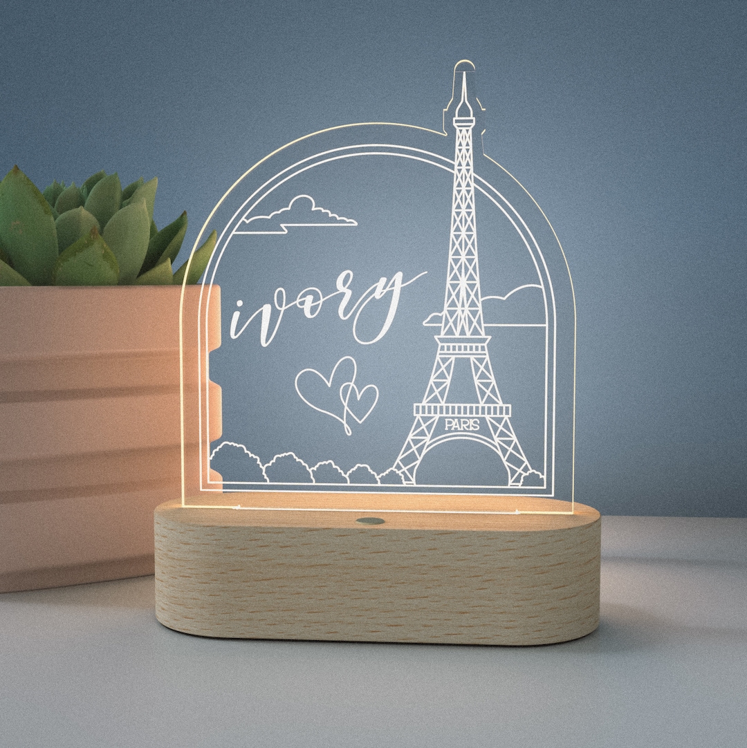 Personalized Paris Night Light: Custom Name LED Lamp, Beech Wood Base ...