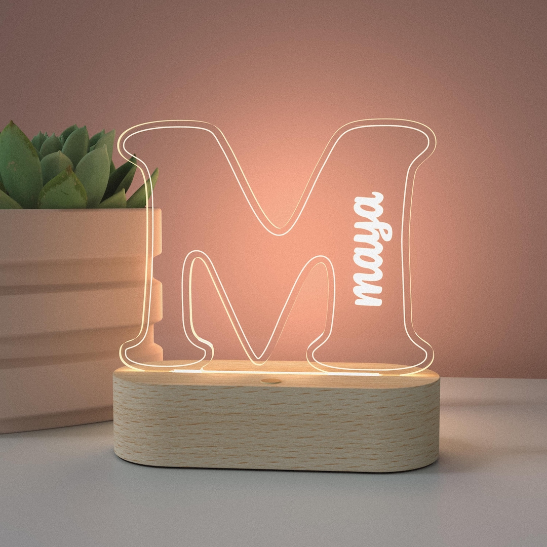 Personalized Letter M Night Light: Custom LED Acrylic Lamp, Beech Wood ...