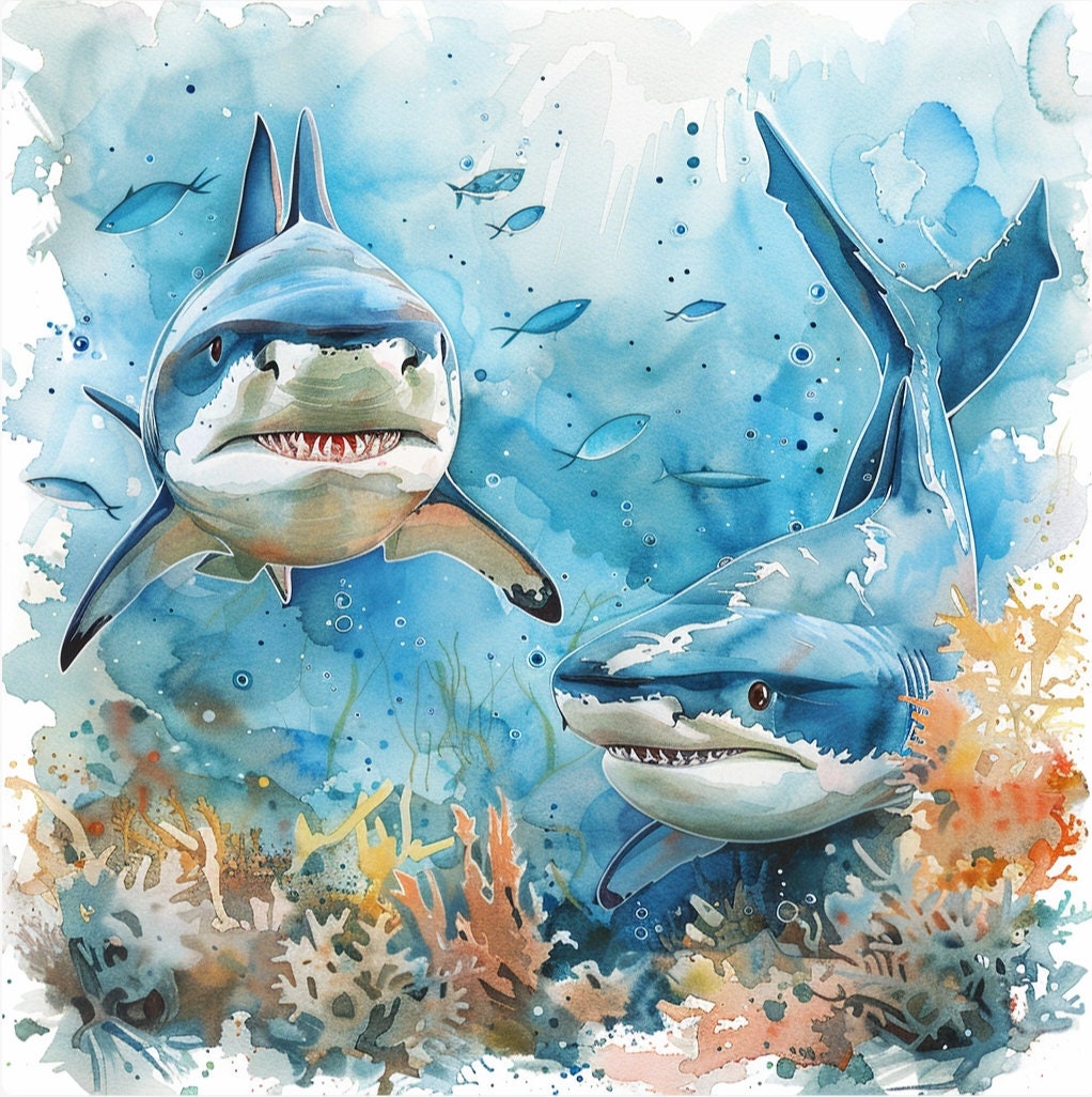 Watercolor Shark Clipart - Etsy